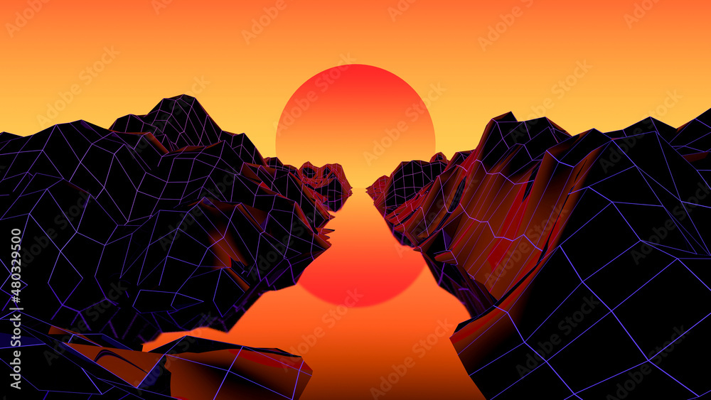 3d synthwave nature landscape background. River, sunset and mountains ...