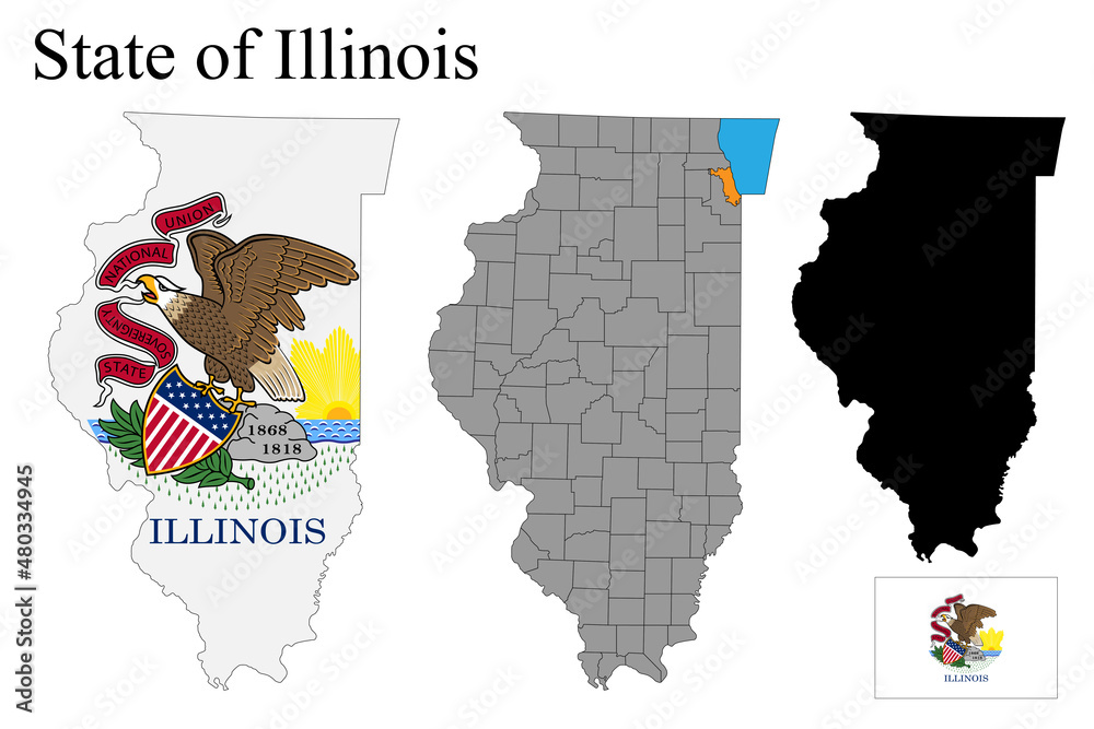 Set of maps of Illinois (USA). Flag on the map. Silhouette of the card ...