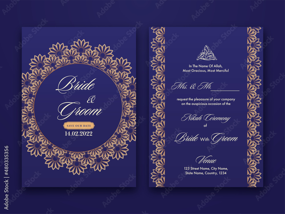 Double Side Of Islamic Wedding Card Template Layout With Golden Mandala ...