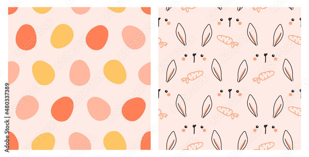 Seamless patterns with bunny rabbit cartoon, carrot and Easter eggs on ...