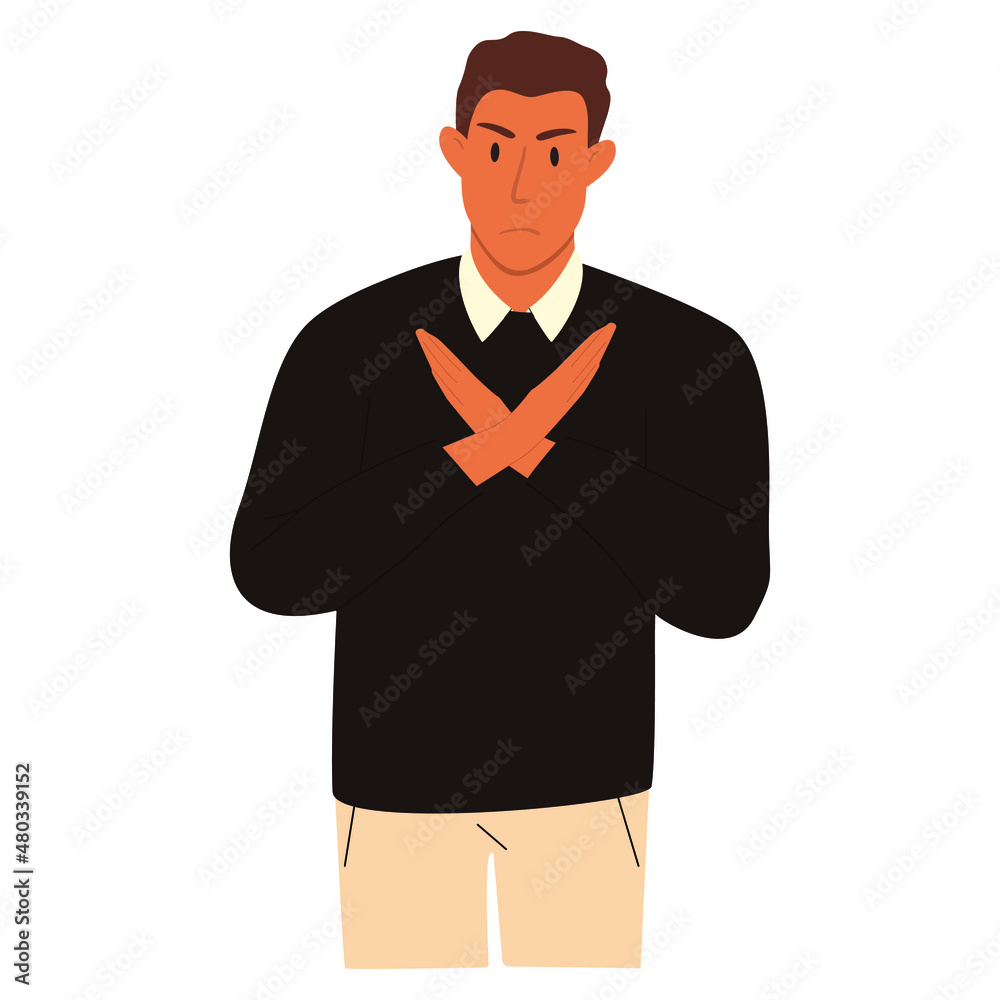 A flat vector cartoon illustration of a man demonstrating a gesture of ...