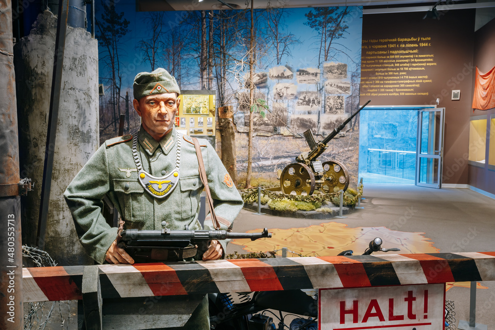 Statue of a German soldier from the gendarmerie Feldgendarmerie stands ...