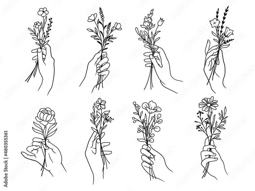 Set of hand holding bouquets. Collection of female hands with a flower ...