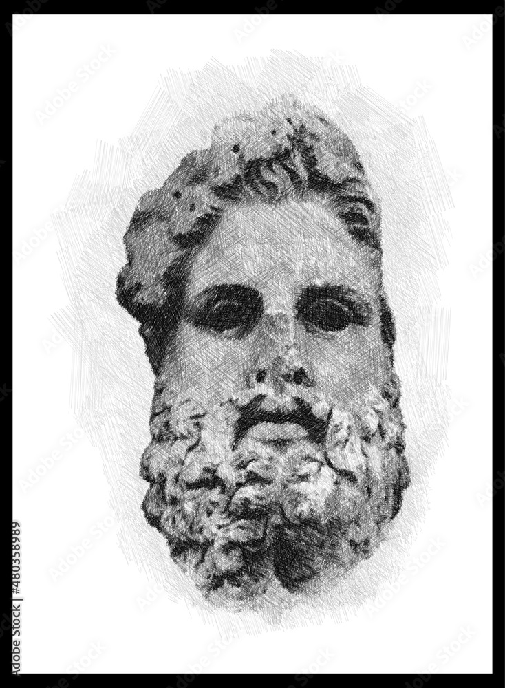 Pencil sketch drawing of the Colossal head of a statue of Zeus. Marble ...