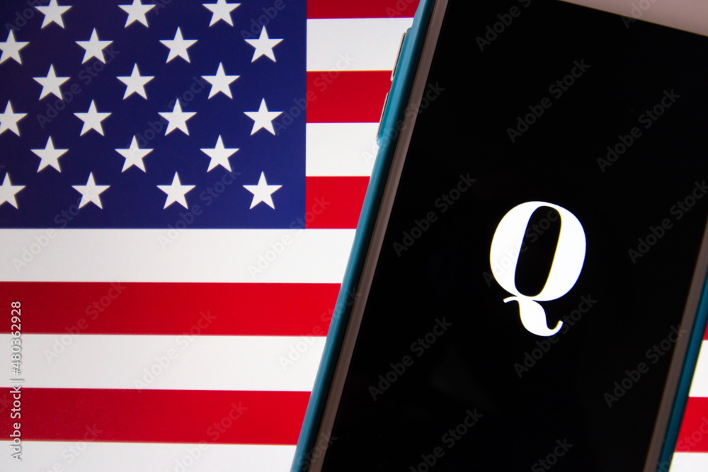 Kumamoto, JAPAN - Oct 20 2020 : Qanon logo on iPhone with US flag ...