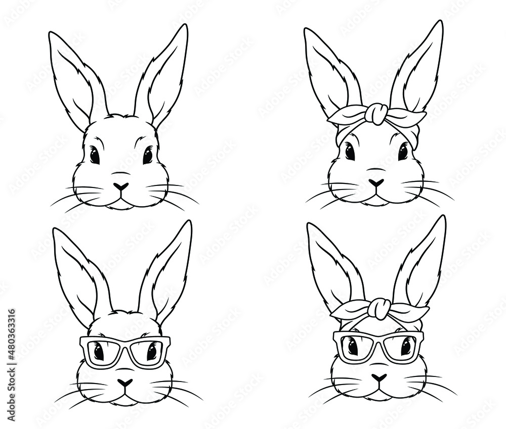 Set of cute bunny faces. Collection of cartoon rabbit faces with ...