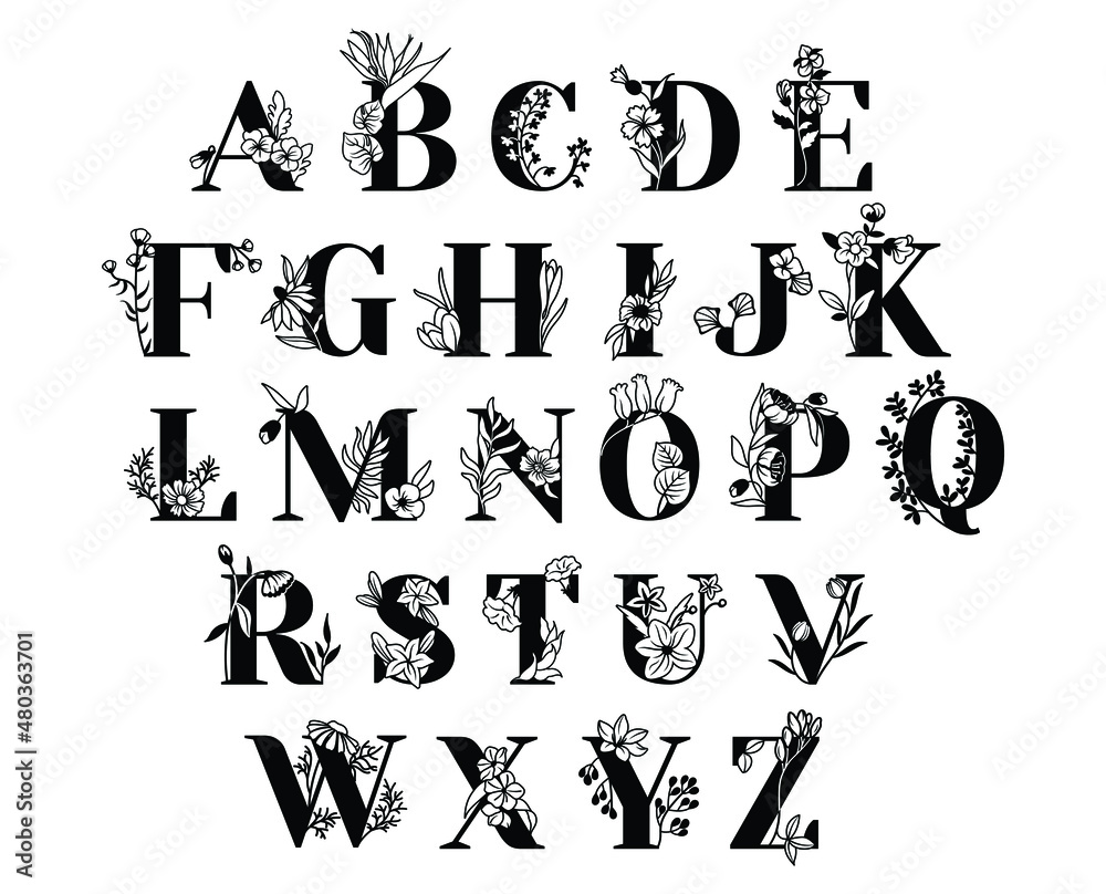 Set of flower alphabet. Collection of stylized floral letters and ...