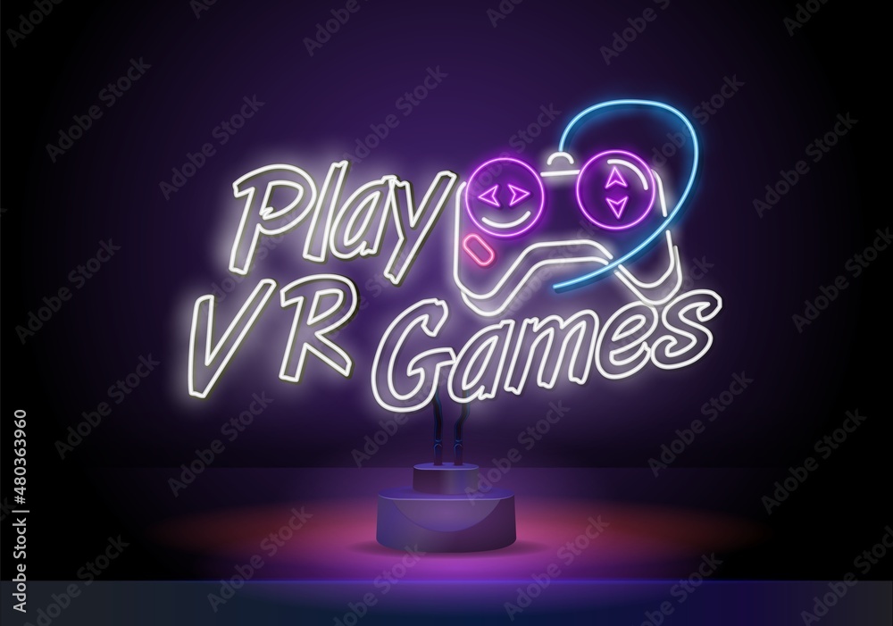 VR Games Logos Vector Conceptual Neon Signs. Video Games Emblems Design ...