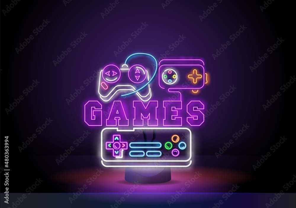 VR Games Logos Vector Conceptual Neon Signs. Video Games Emblems Design ...