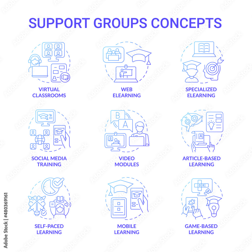 Elearning platform and technique blue gradient concept icons set ...
