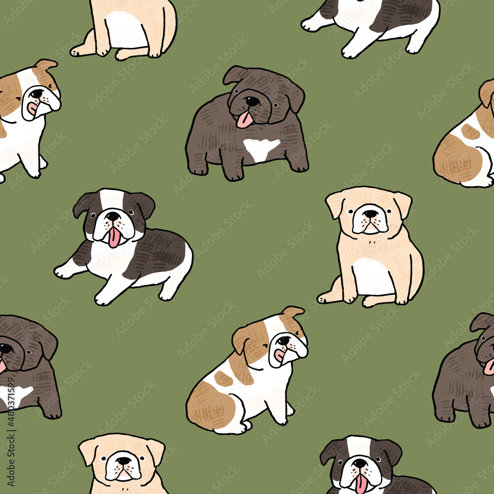 Seamless Pattern of Cartoon Bulldog Design on Dark Green Background ...