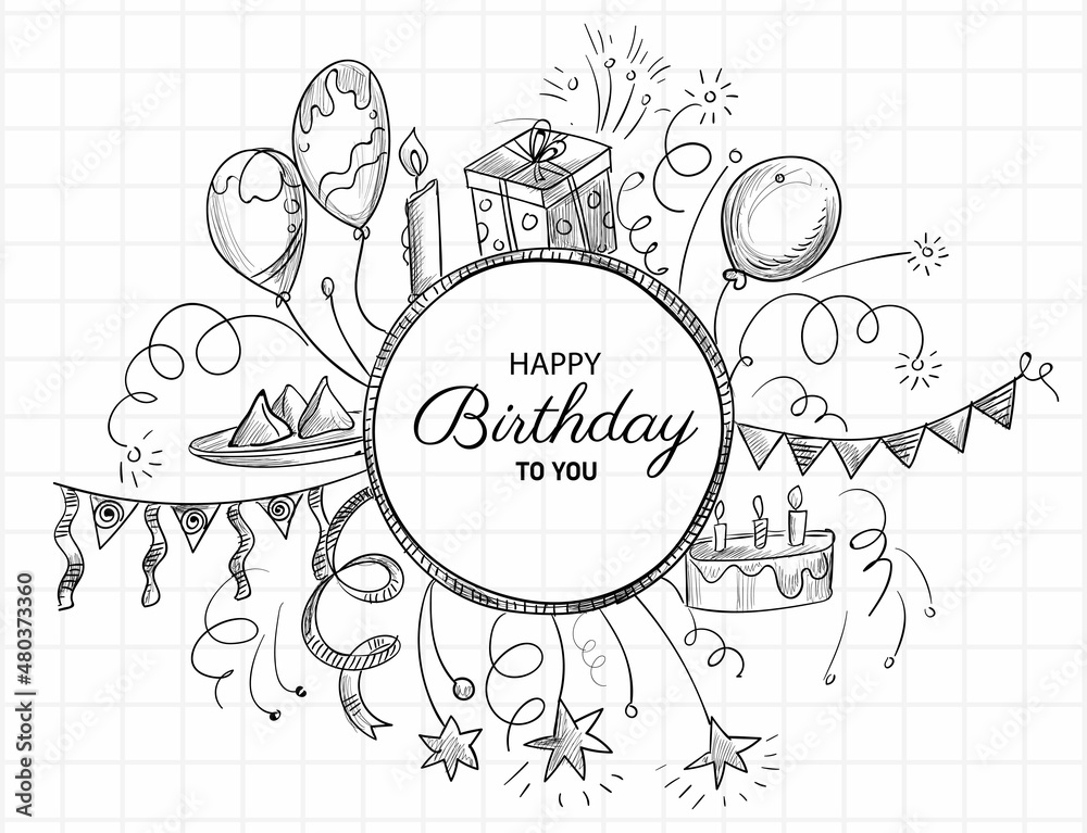 Happy birthday hand draw black and white doodle sketch Stock Vector ...