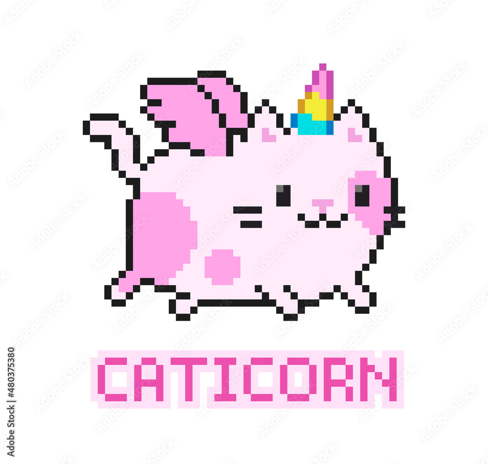 Pixel Art pink Caticorn with wings flying isolated on white background ...