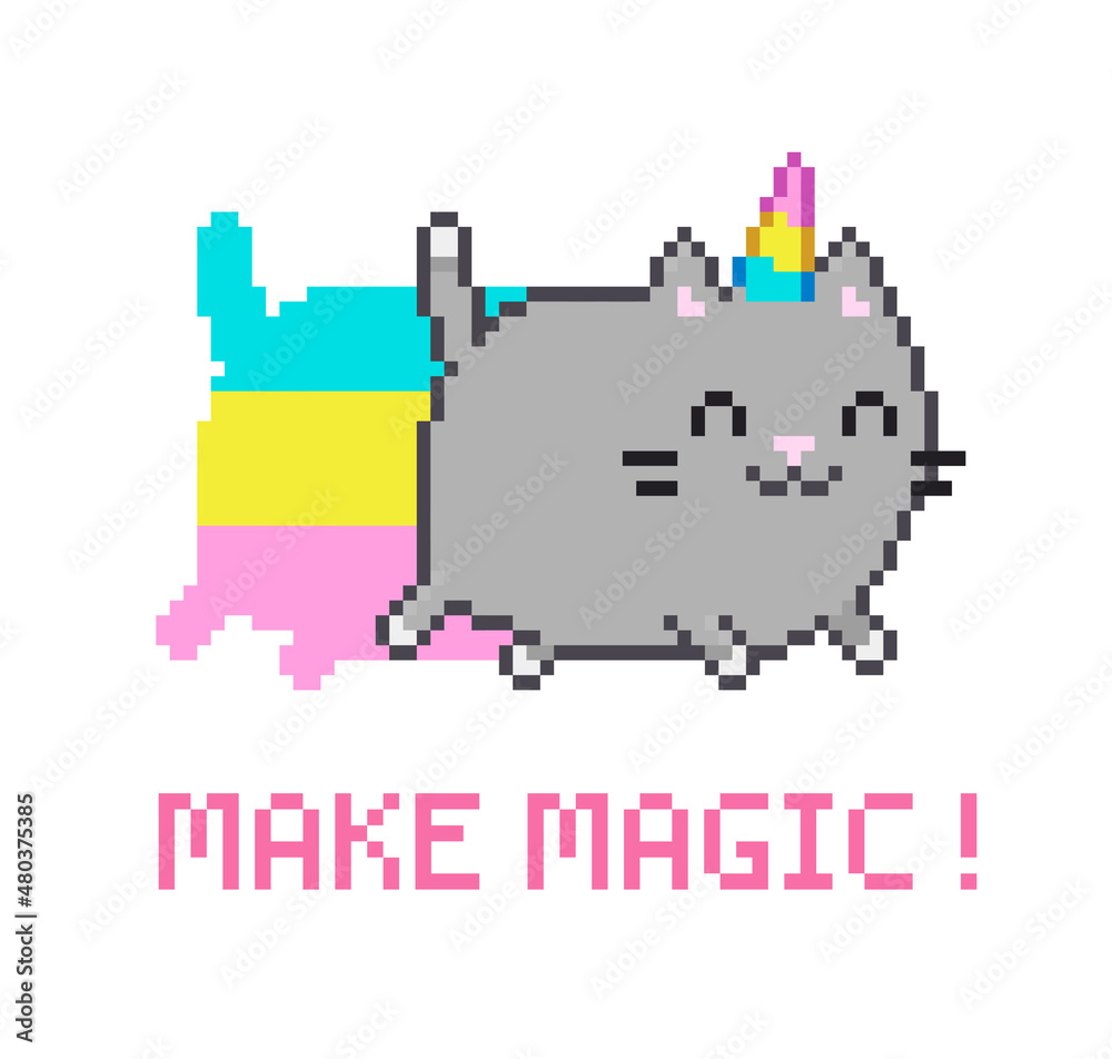 Pixel Art cartoon Cat Unicorn with Rainbow flying on blue background ...