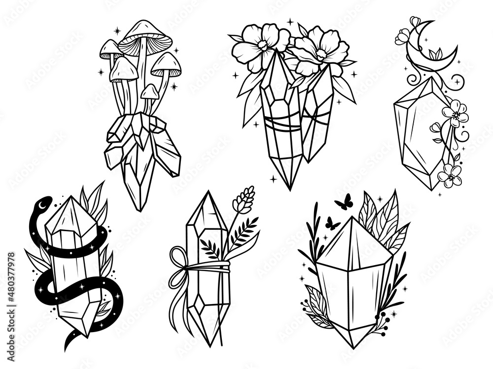 Set of magic crystals. Collection of mystical crystals with geometric ...