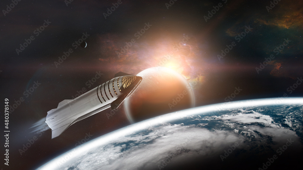 Heavy Starship in Earth orbit with alien planets. Elements of this ...