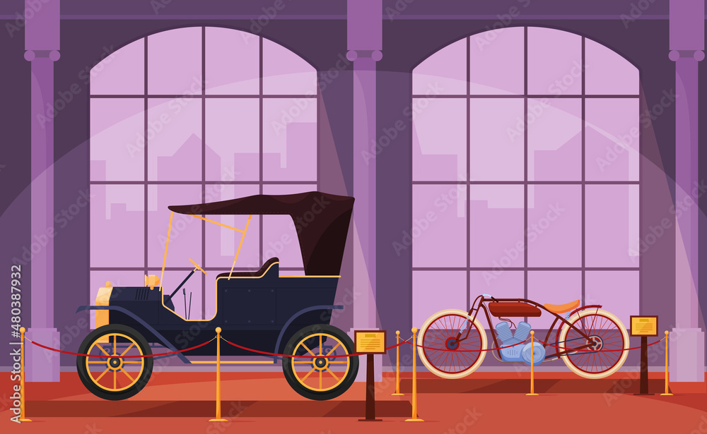 Classic retro car museum big window vector illustration. Antique motor ...