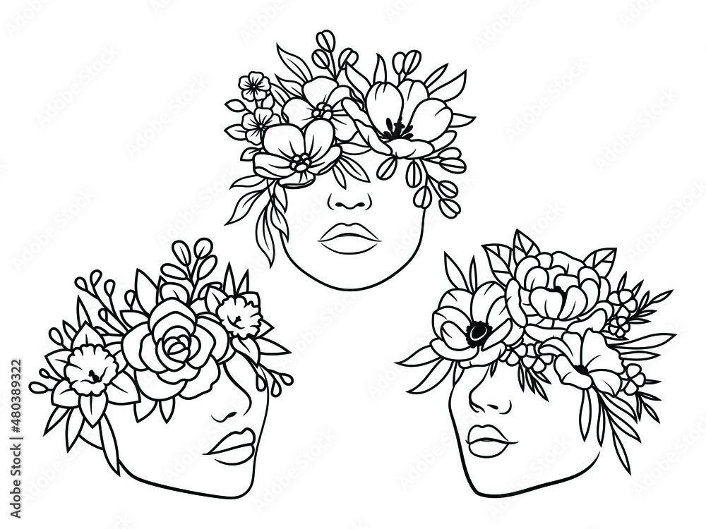 Set of female faces with flowers. Collection of woman's head with ...