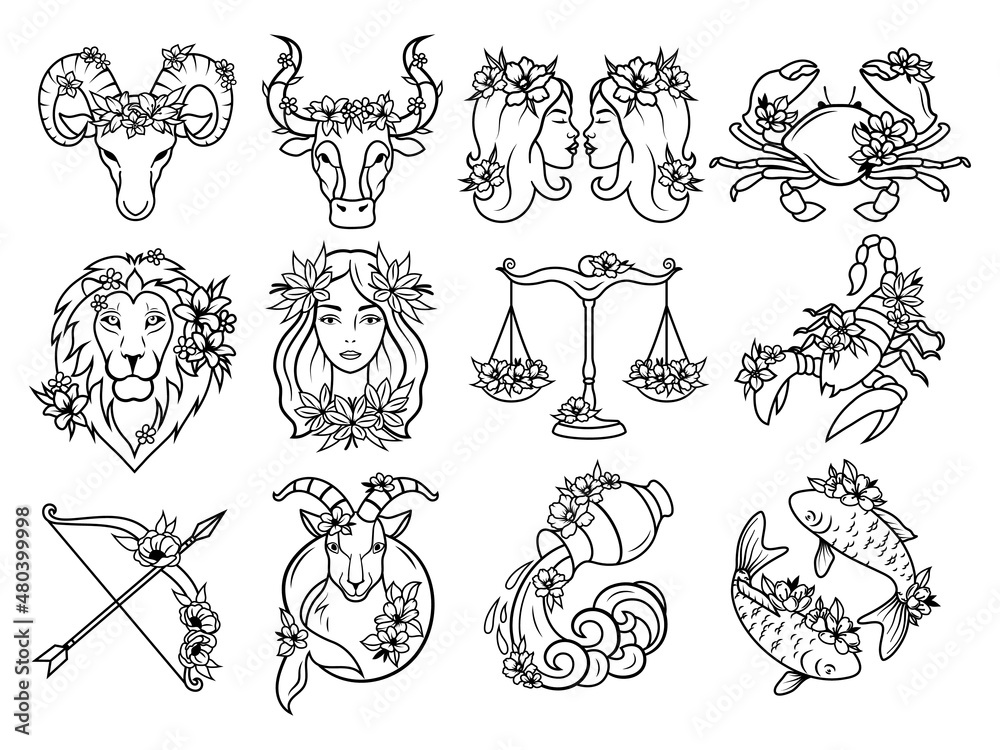Set of floral zodiac constellations. Collection of astrology signwith ...