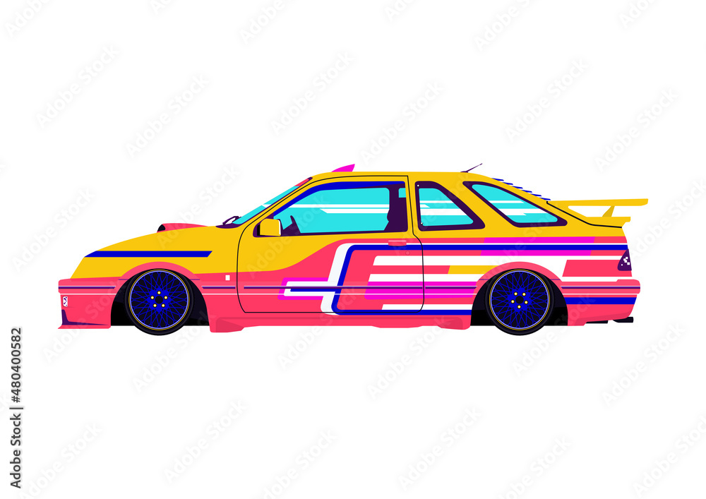Colorful 80s style car. Side view of retro tuned car. Vector without ...