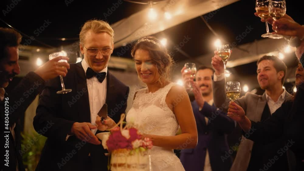 Beautiful Bride and Groom Celebrate Wedding at an Evening Reception ...