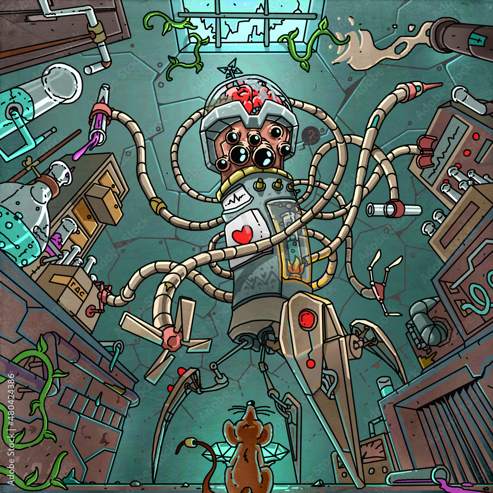 Science robot working in lab. cartoon illustration, character design ...