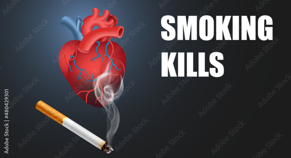 Smoking kills, smoking cigarette on realistic red heart background ...