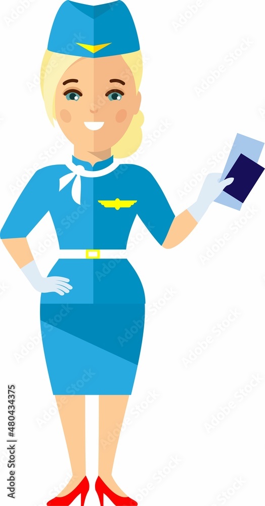 Flat cute cartoon stewardess of aircraft characters in air uniform ...