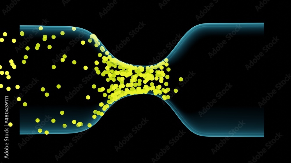 Particles flowing through tube with wide , narrow openings. Particles ...