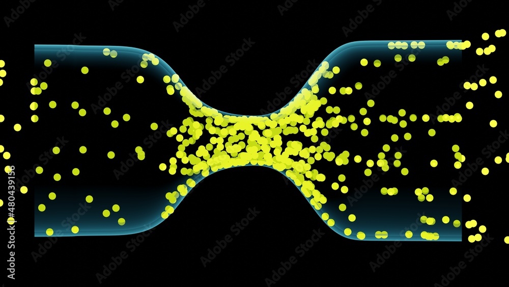 Particles flowing through tube with wide , narrow openings. Particles ...