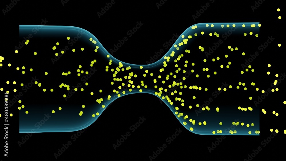 Particles flowing through tube with wide , narrow openings. Particles ...