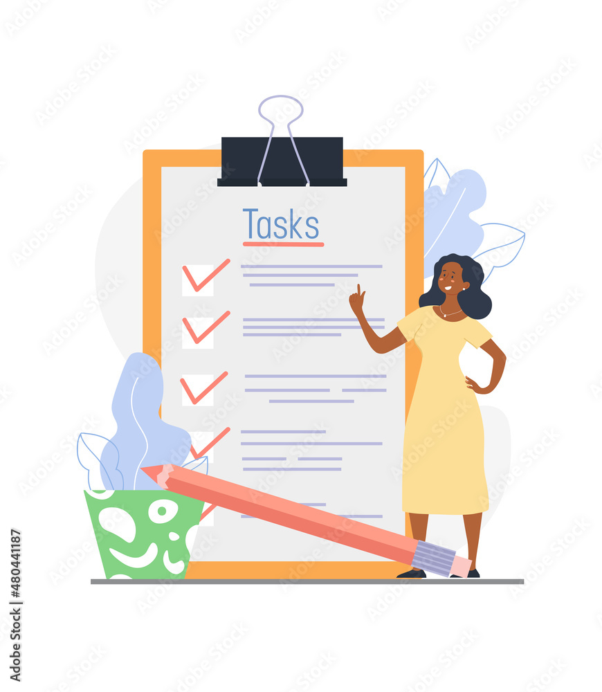 To do list concept. Young smiling woman stands next to large list of ...
