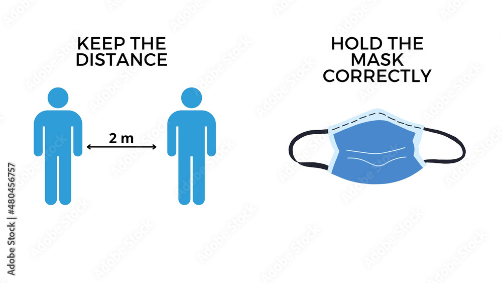 people spaced by an arrow and a mask, covid 19 safety rules, please ...