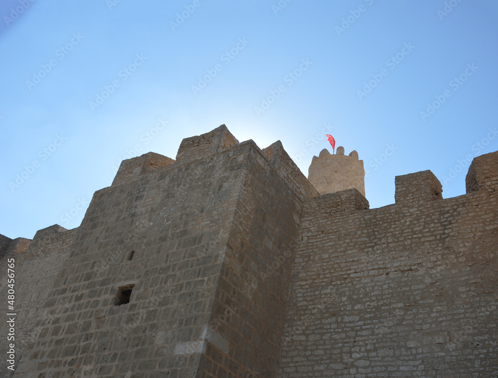Ancient arabic ribat fortress walls and tower in Monastir, Tunisia ...