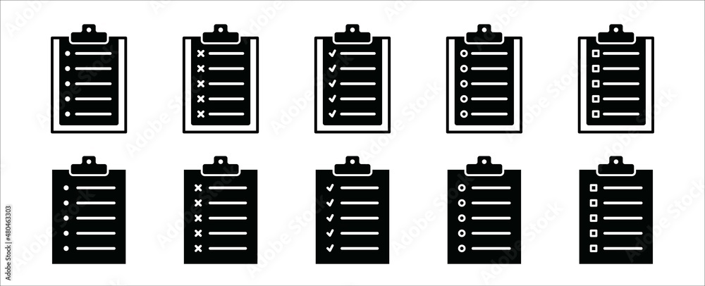 Clipboard vector icon set. Task check list board with check mark, dot ...