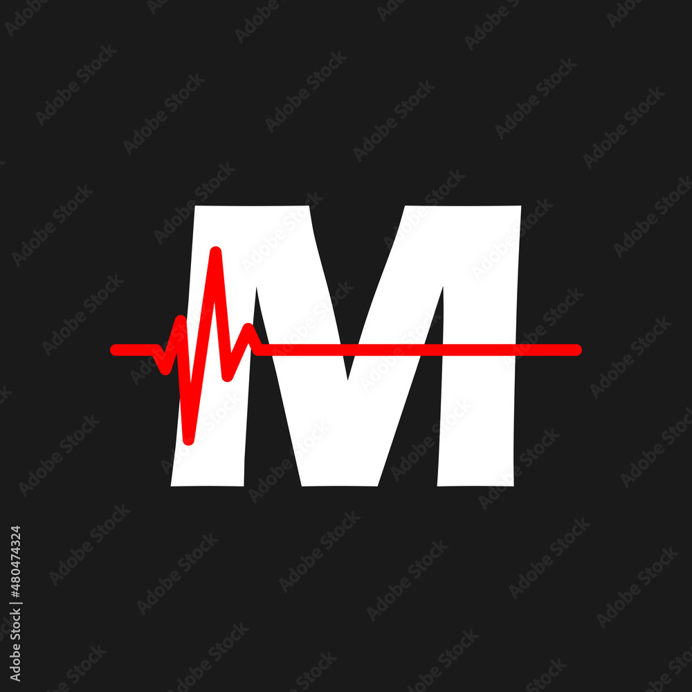 Initial m monogram alphabet with health Pulse. Heartbeat logo icon ...
