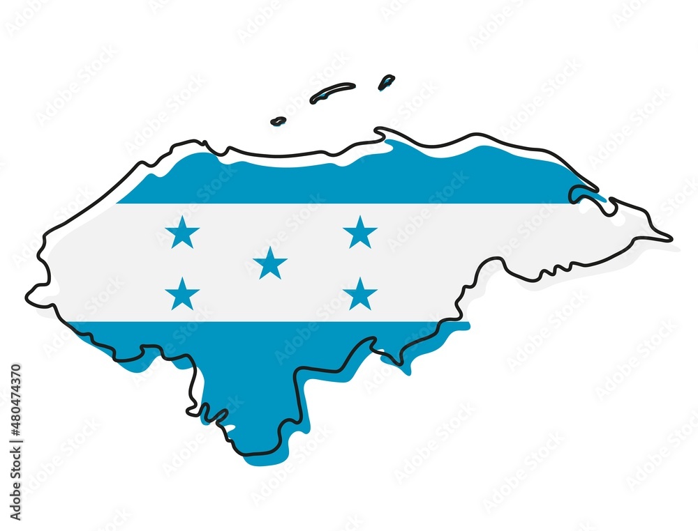 Stylized outline map of Honduras with national flag icon. Flag color ...