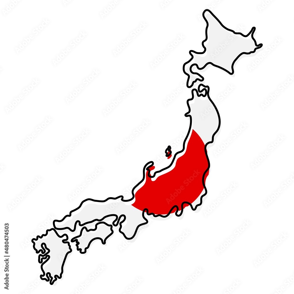Stylized outline map of Japan with national flag icon. Flag color map ...