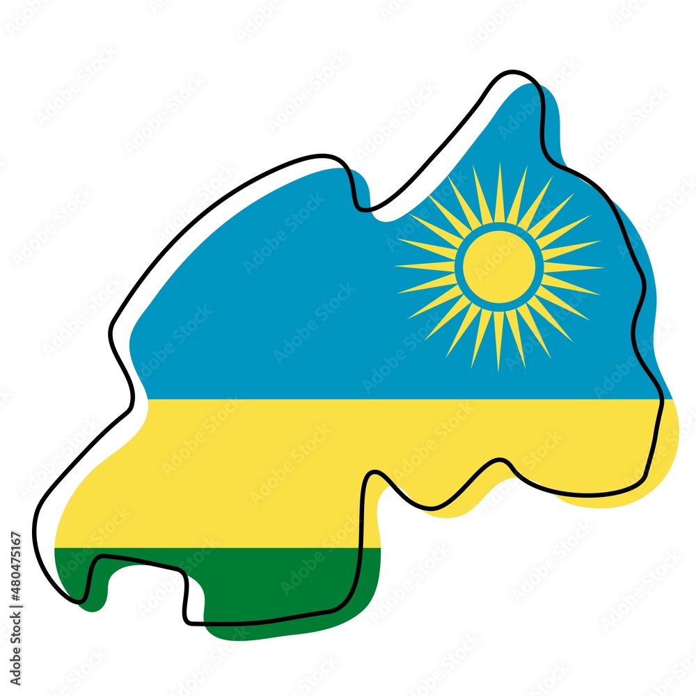 Stylized outline map of Rwanda with national flag icon. Flag color map ...