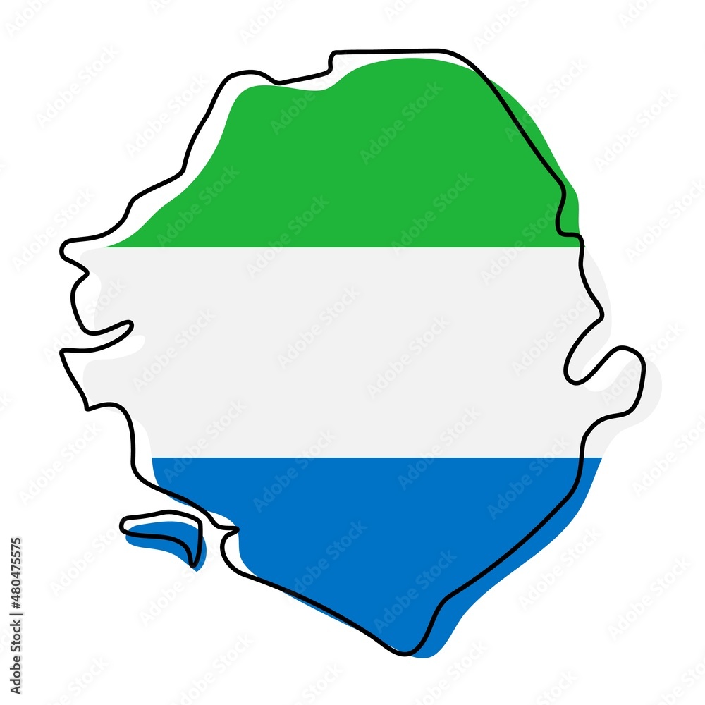 Stylized outline map of Sierra leone with national flag icon. Flag ...