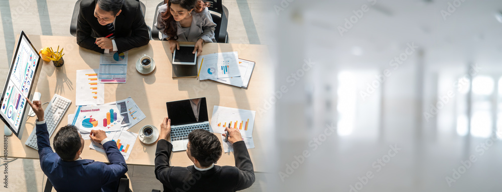 Smart businessman and businesswoman talking discussion in widen group ...