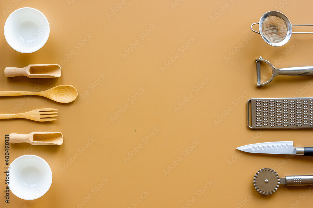 Food cooking background with kitchen utensils and cookware Stock Photo ...