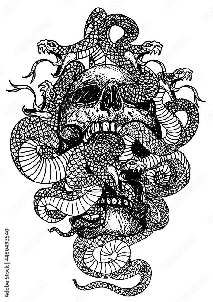 Tattoo art skull and snake hand drawing and sketch Stock Vector | Adobe ...