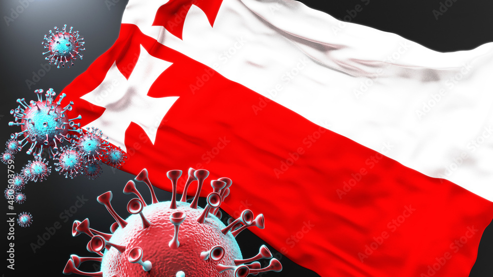 Elblag and covid pandemic - virus attacking a city flag of Elblag as a ...