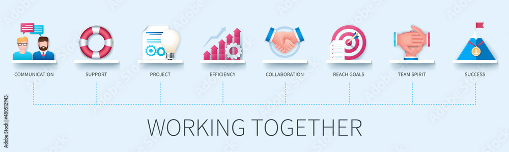 Working together banner with icons. Communication, support, project ...