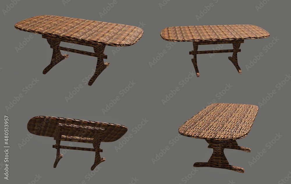 3d wooden table set render from different angles on insulated surface ...