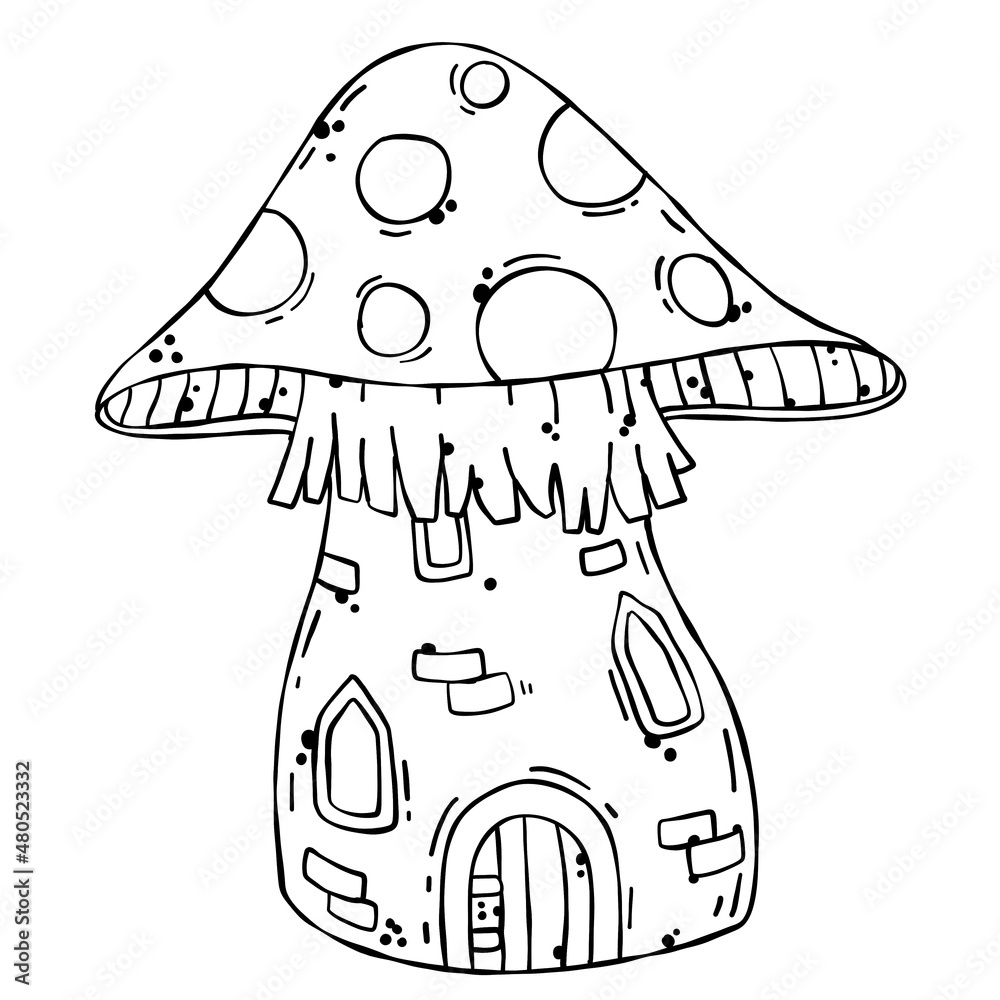 Mushroom house. Fairy tale children drawing. Fabulous natural dwelling ...