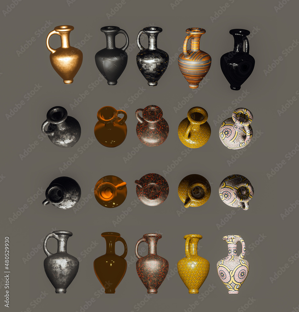 Set of 3d pot with different texture render from different angles for ...
