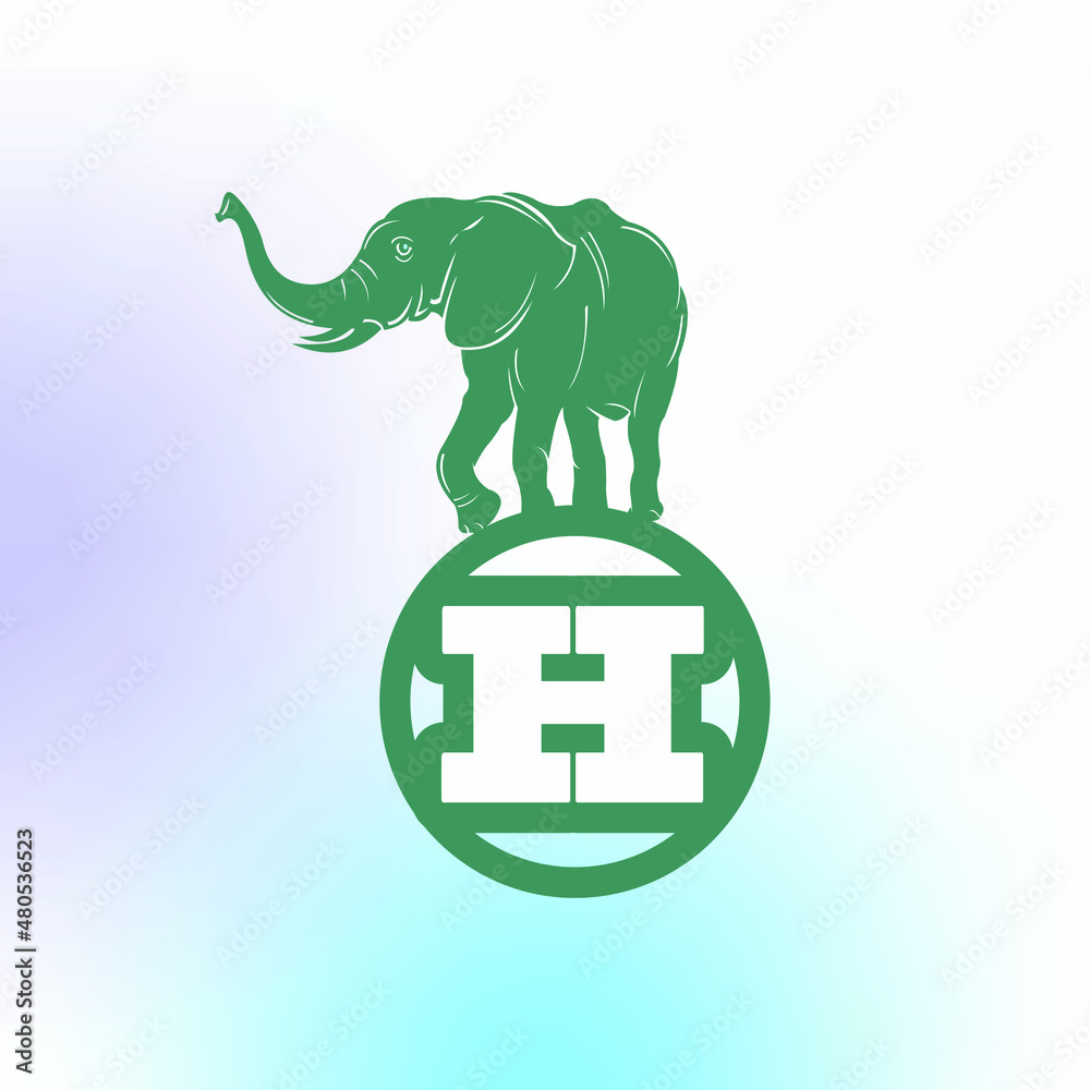 elephant logo and letter H, silhouette of elephant walking on circle ...