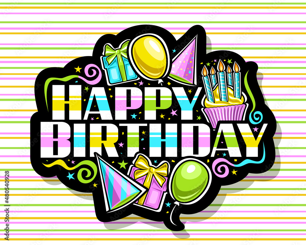 Vector logo for Happy Birthday, dark decorative badge with illustration ...